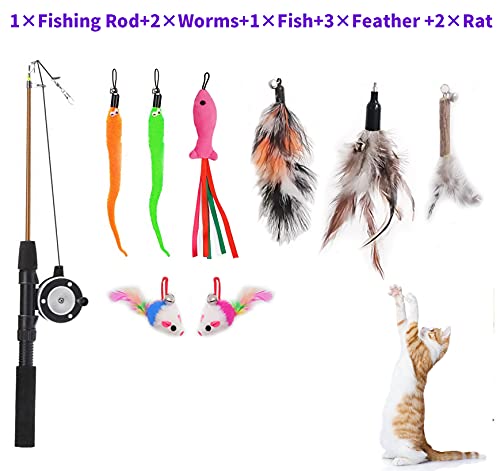 Whefory Retractable Cat Teaser Wand Toy, Cat Toys for Indoor Outdoor Cats Interactive Fishing Rod with 8 Pcs Refills Feather Toy, Plush Mouse Caterpillar & Fish