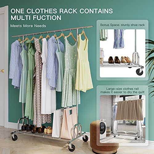Raybee Clothes Rack, Heavy Duty Clothing Rack Load 460LBS, Commercial Grament Rack Heavy Duty Rolling Clothes Racks for Hanging Clothes Rack, Collapsible & Portable Clothes Rack with Wheels