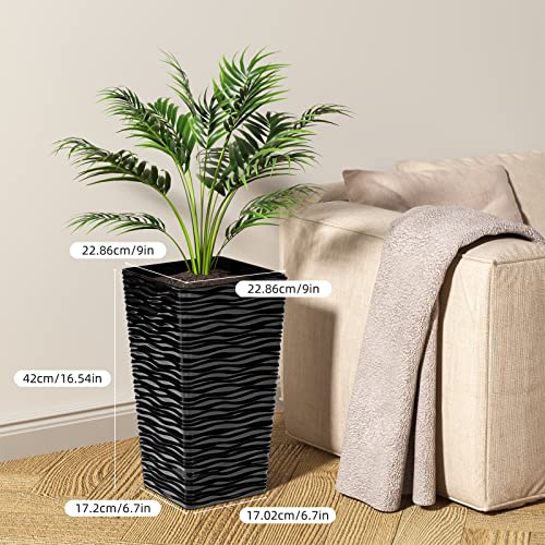 QCQHDU 2 Pack Tall Planters,16.5 Inch Square Tapered Flower Pots Outdoor Indoor Tree Planter, Modern Wavy Finish Decorative Planters for Front Porch Home Garden Patio (Black)…