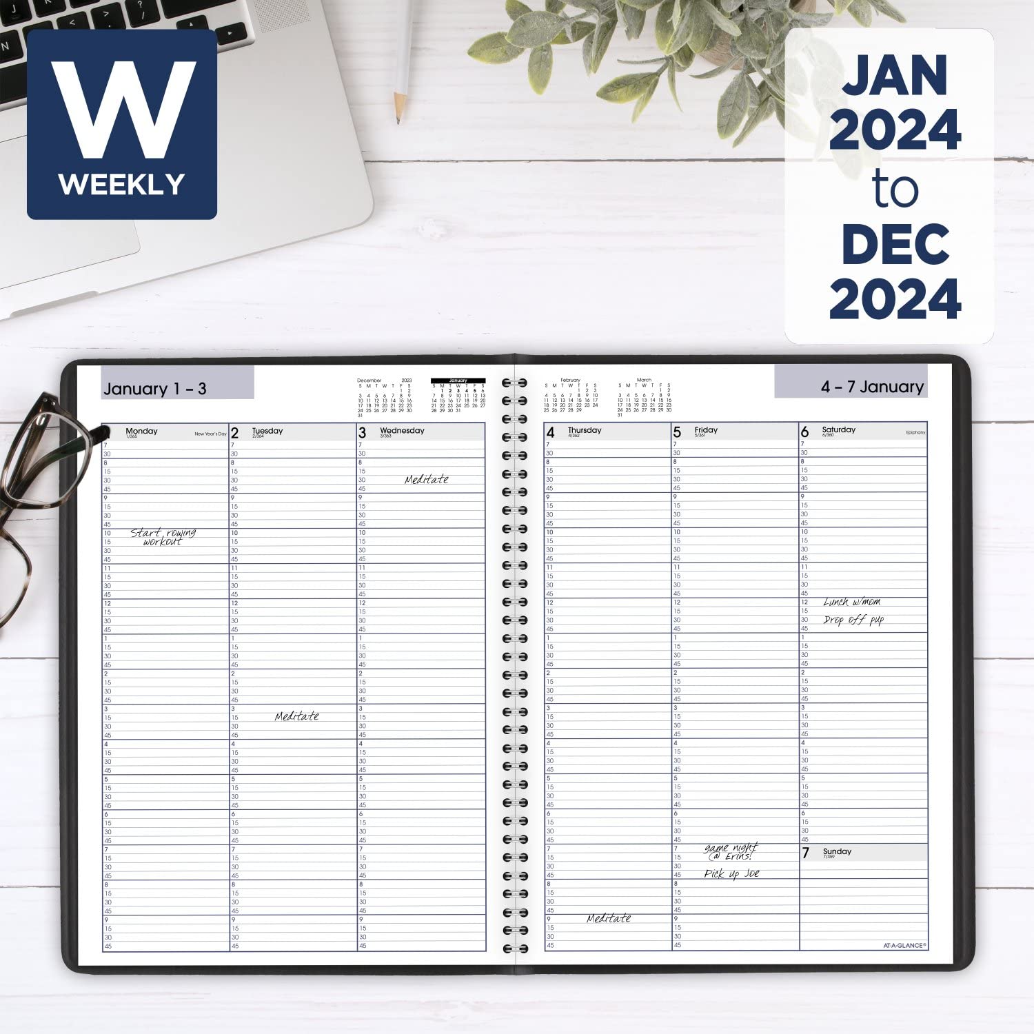 AT-A-GLANCE 2024 Weekly Planner, DayMinder, Quarter-Hourly Appointment Book, 8" x 11", Large, Black (G5200024)