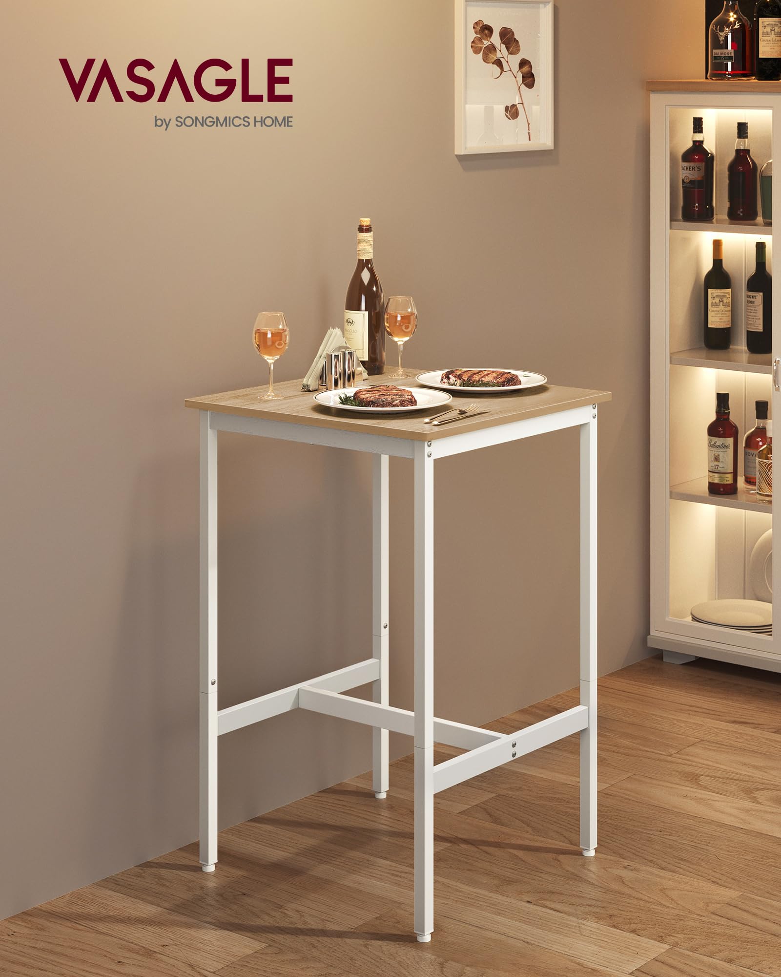 VASAGLE Bar Table, Small Kitchen Dining Table, High Top Pub Table, Height Cocktail Table for Living Room Party, Sturdy Metal Frame, 23.6 x 23.6 x 36.2 Inches for Narrow Spaces, Oak Beige and White