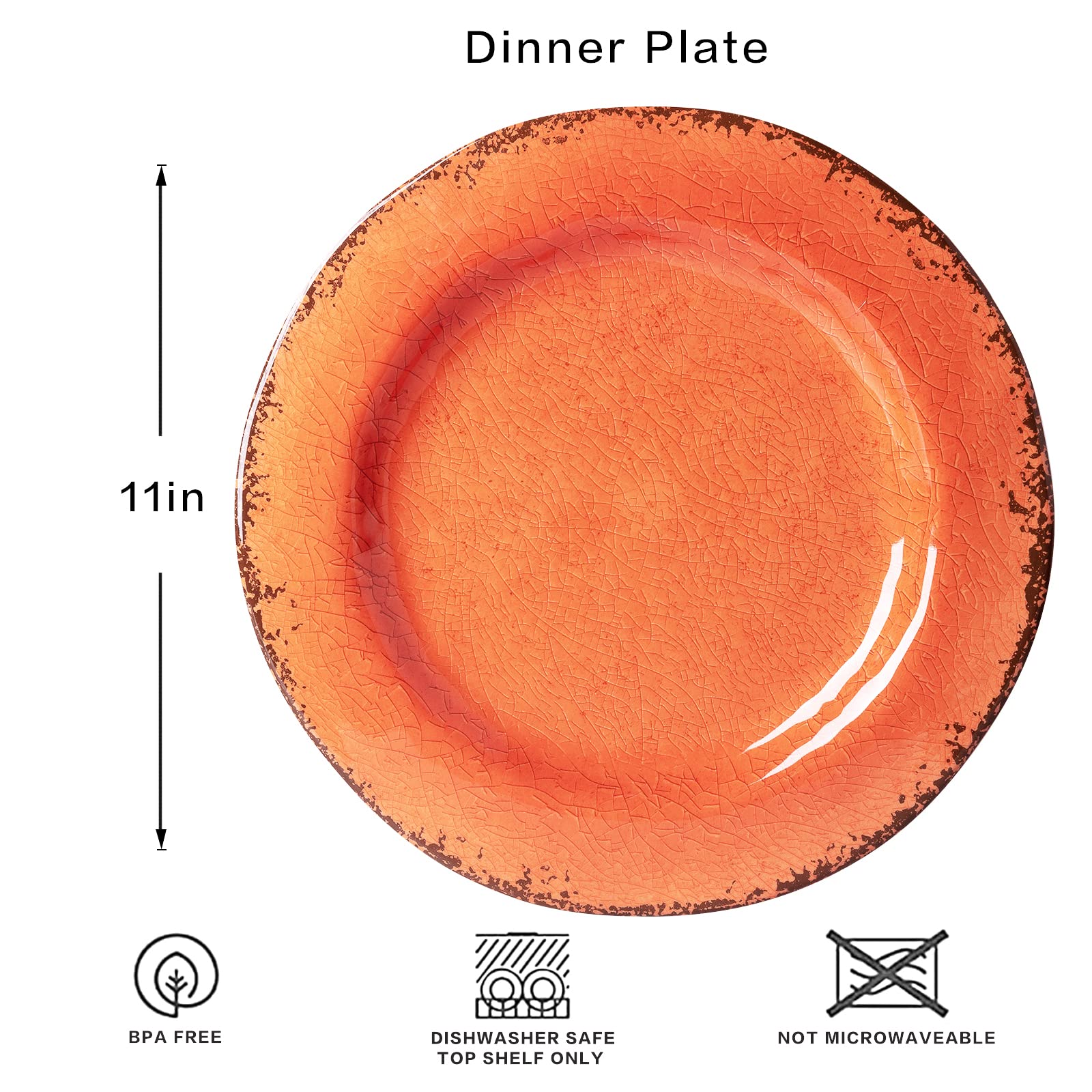 LEHAHA Rustic Farmhouse Melamine Dinner Plates Set of 6, 11 inch Lightweight Camper RV Dishes, Indoor and Outdoor Use, Reusable, Sturdy and Dishwasher Safe, Orange