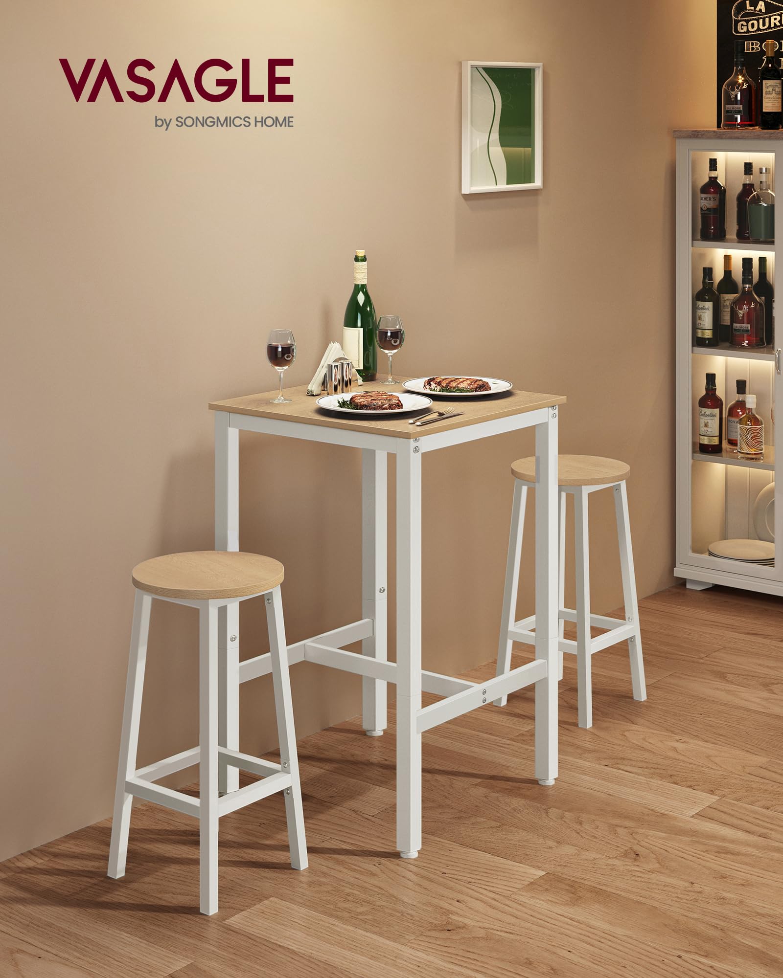 VASAGLE Bar Table, Small Kitchen Dining Table, High Top Pub Table, Height Cocktail Table for Living Room Party, Sturdy Metal Frame, 23.6 x 23.6 x 36.2 Inches for Narrow Spaces, Oak Beige and White