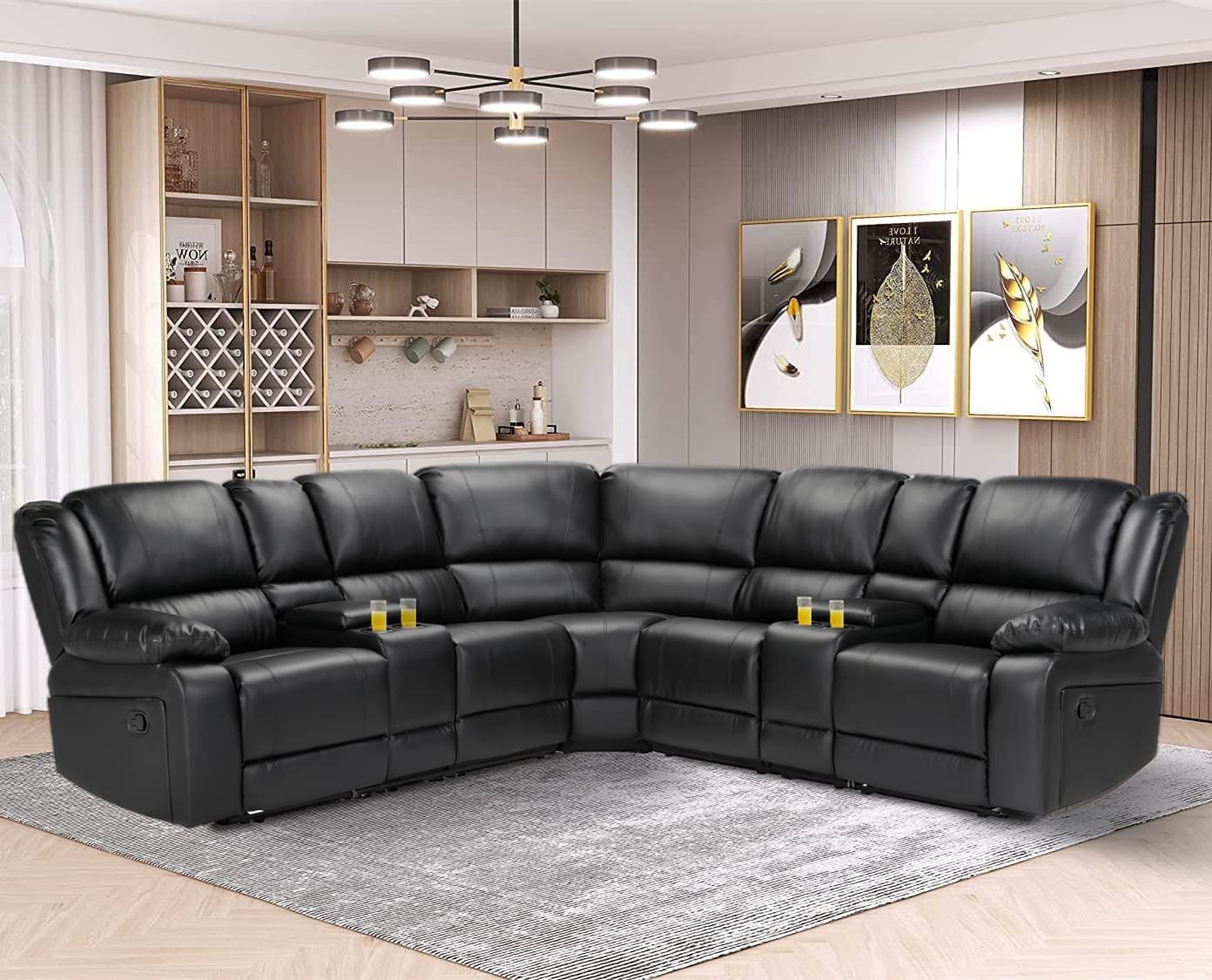 EMKK Home Power L-Shape Sectional Sofa Reclining, Modern Upholstered PU Leather Extra Wide Lounge Couch with Consoles,4 Cup Holders and Storage,Fabric Sofá for Living Room Apartment, b-Black Large