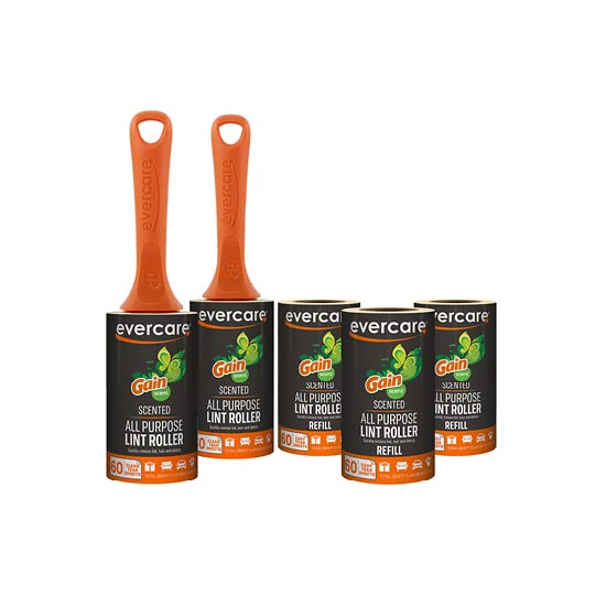 Evercare Gain Scented All-Purpose Lint Roller Value Pack with 2 Lint Rollers and 3 Refill Rolls, 60 Sheets Each Multicolor
