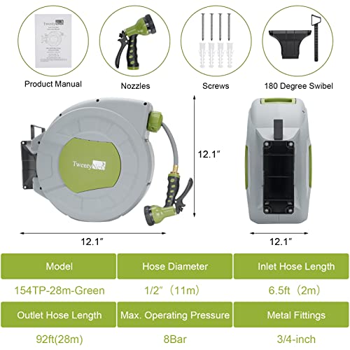 Automatic Hose Reel Retractable,Garden Hose Reel with Wall Mount,Water Hose Reels for Outside,1/2''x 92+6.5Ft Water Hose,9 Pattern Hose Nozzle,180° Swivel Bracket,Any Length Lock for Garden Hose Reel