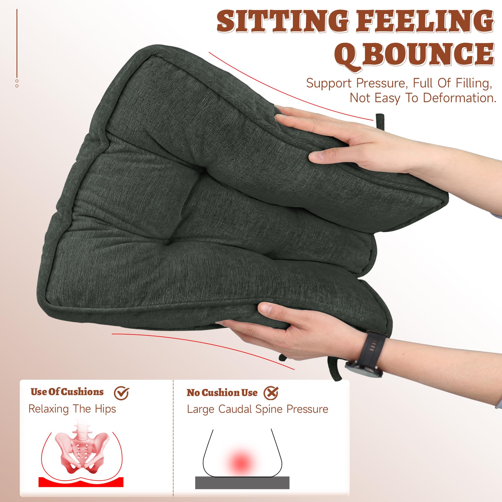 Focuprodu Chair Cushions. 18x18 Inch Thick Soft Chenille Fabric for Patio Chair Cushion. Double-sided Use with Ties for Office/Dining Room/Window (Dark Gray)
