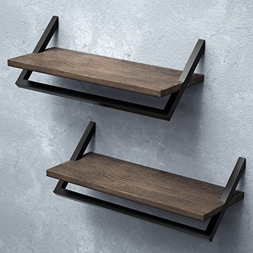LYNNC Floating Shelves Wall Mounted, Solid Wood Shelves for Bedroom, Living Room, Kitchen, Bathroom, Wall Shelf Decor, Set of 2, Brown