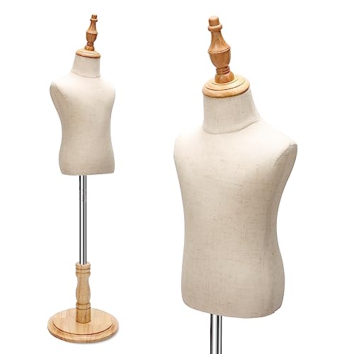 TaroKitc Child Mannequin Torso Kid Dress Form Adjustable Height Mannequin with Wooden Base for Sewing Dressmakers Photographing Dress Jewelry Display (Beige, 4-5 Years Old)