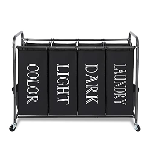 STORAGE MANIAC Laundry Sorter, Laundry Divider with Side Pockets, Multi Laundry Separator Hamper with Removable Bags and Rolling Lockable Wheels, Laundry Organizer Hamper, 4 Section Black