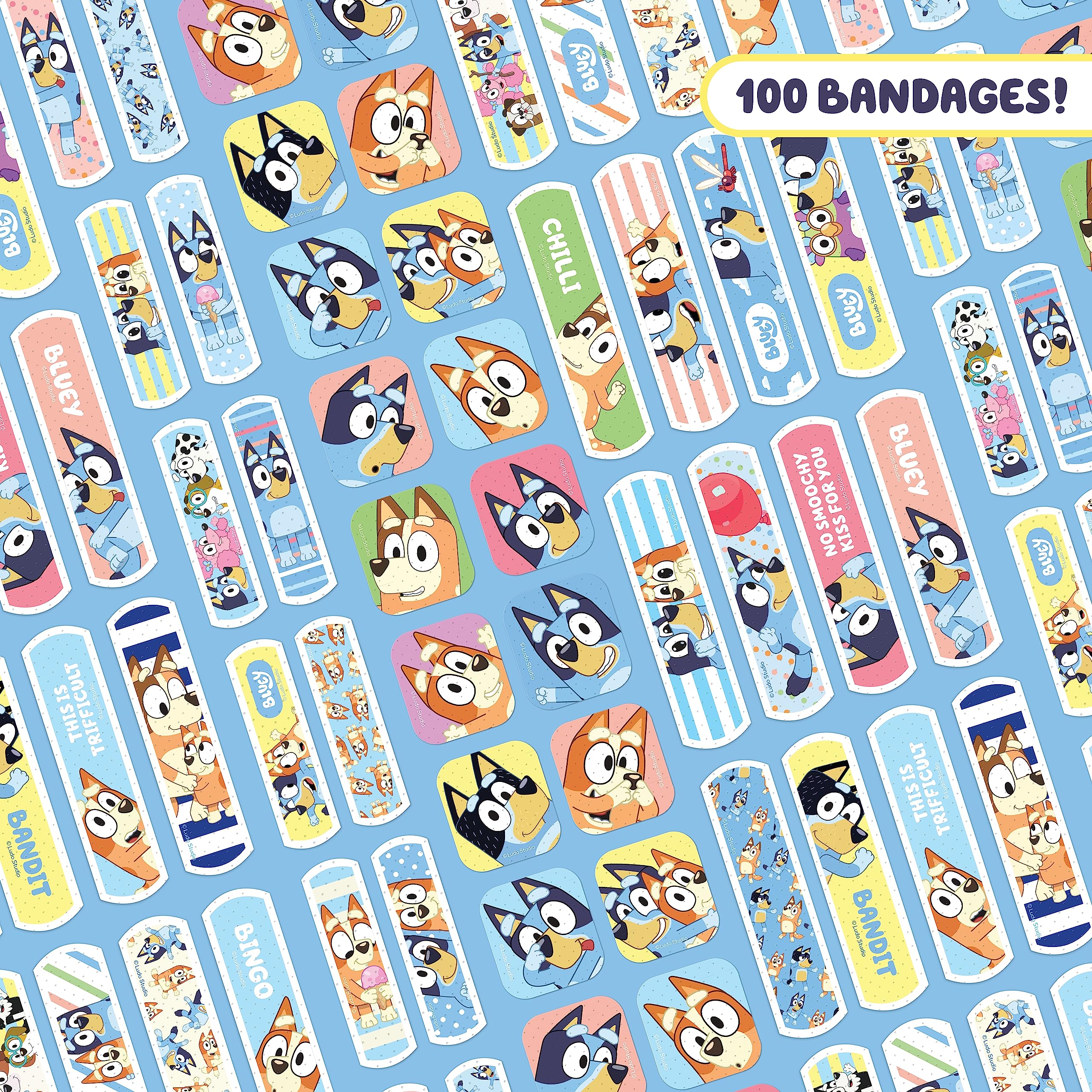 Bluey Kids Bandages, 3 Assorted Sizes 100 CT | Wear Like Stickers, Flexible Adhesive Bandages for Minor Cuts, Scrapes, and Burns. Great Gift idea and Stocking Stuffer