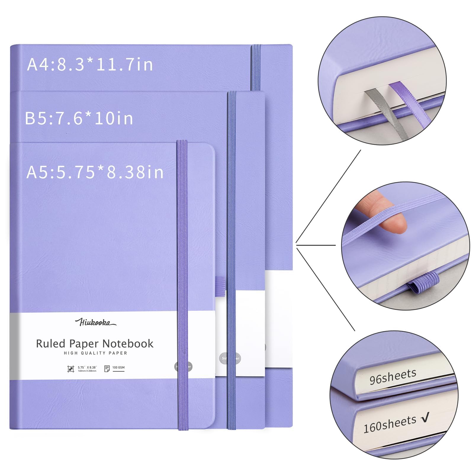 HIUKOOKA A5 Notebook College Ruled Journal For Women,320 Pages Thick Journal Hardcover Large Notebook,100 GSM Paper Leather Journal for Writing Student Diary,5.75''x 8.38''- Lightpurple