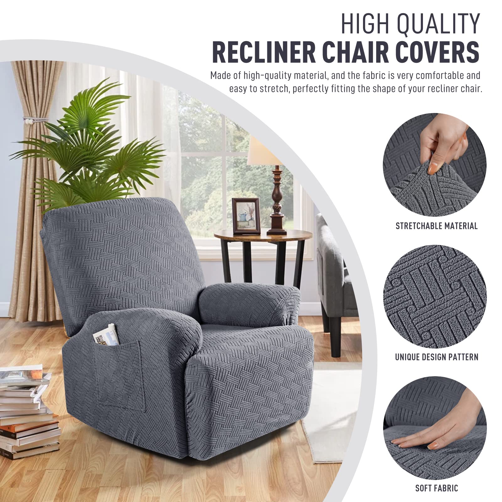 KinCam Recliner Covers, Stretch Reclining Chair Covers, Recliner Sofa Slipcovers Stripe Jacquard Recliner Couch Covers Furniture Protector Covers for Pet Kid (1 Seater, Dark Gray)