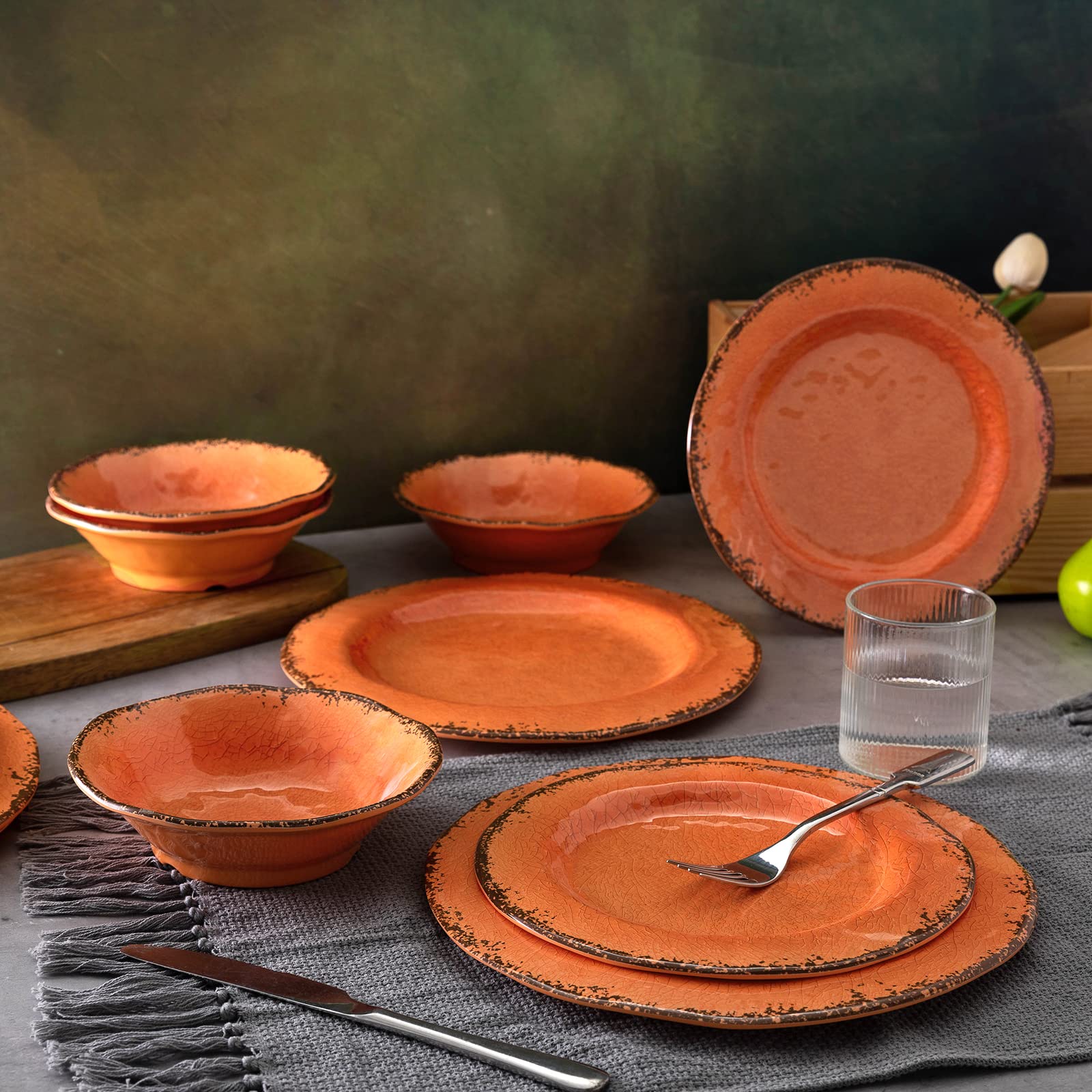 LEHAHA Rustic Farmhouse Melamine Dinner Plates Set of 6, 11 inch Lightweight Camper RV Dishes, Indoor and Outdoor Use, Reusable, Sturdy and Dishwasher Safe, Orange