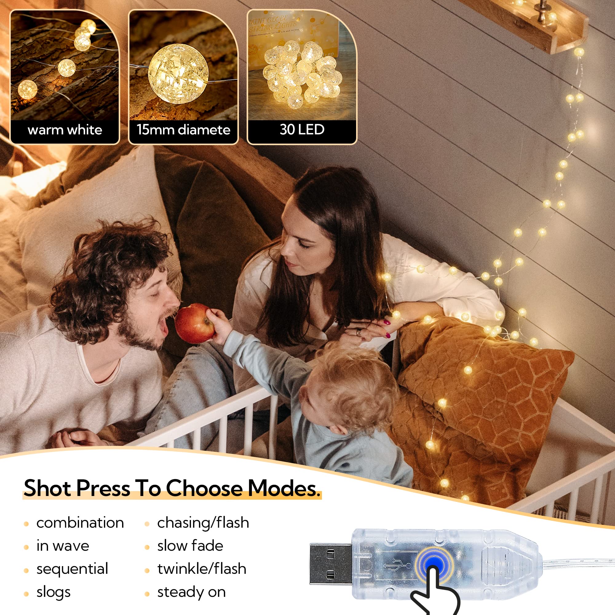 BEEWIN Globe String Lights,10FT 30 LED Decorative Christmas Lights,8 Modes Crystal Crackle Ball Lights,USB Twinkle Fairy Lights for Bedroom,Indoor,Outdoor,Classroom,Wedding,Party,Garden,Warm White