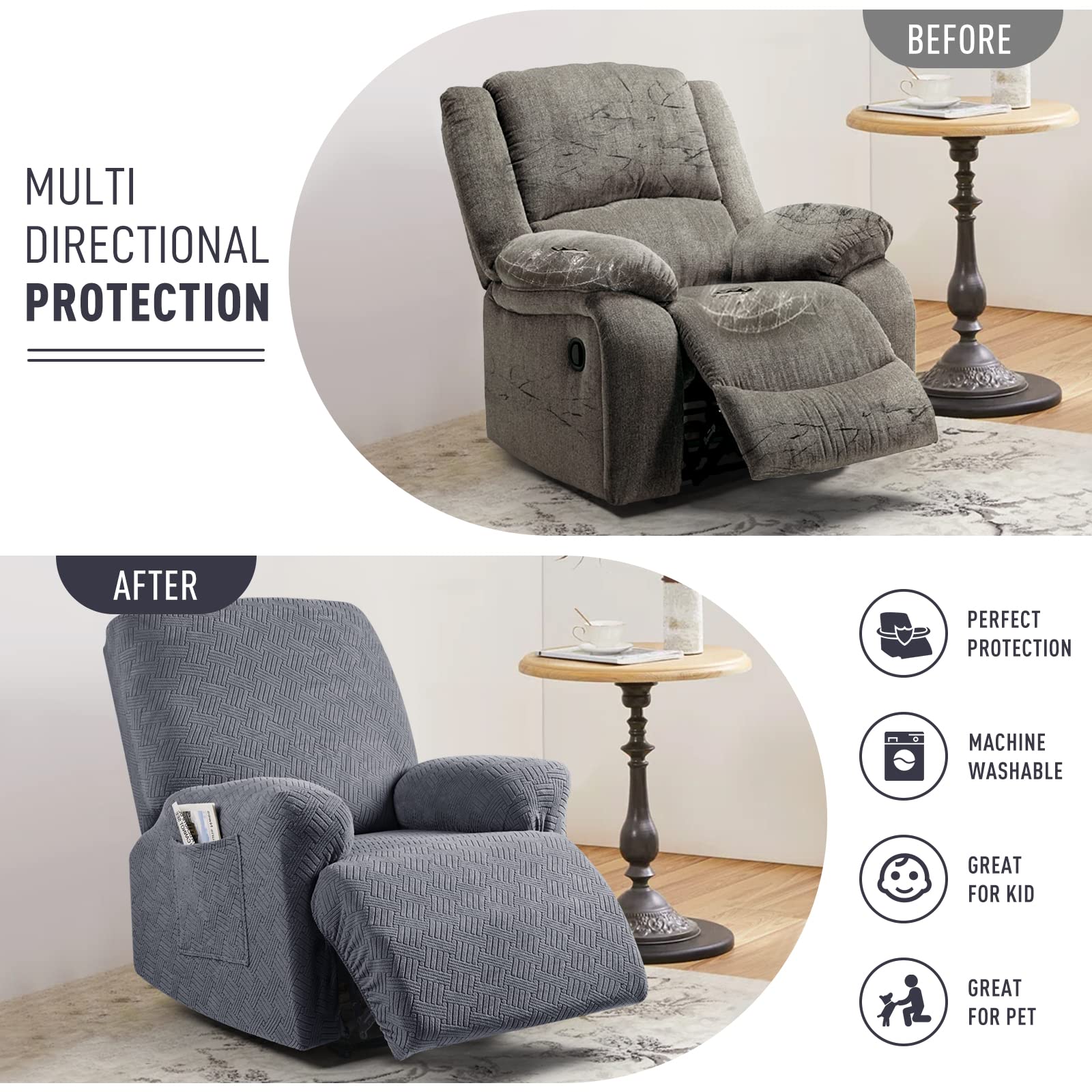 KinCam Recliner Covers, Stretch Reclining Chair Covers, Recliner Sofa Slipcovers Stripe Jacquard Recliner Couch Covers Furniture Protector Covers for Pet Kid (1 Seater, Dark Gray)