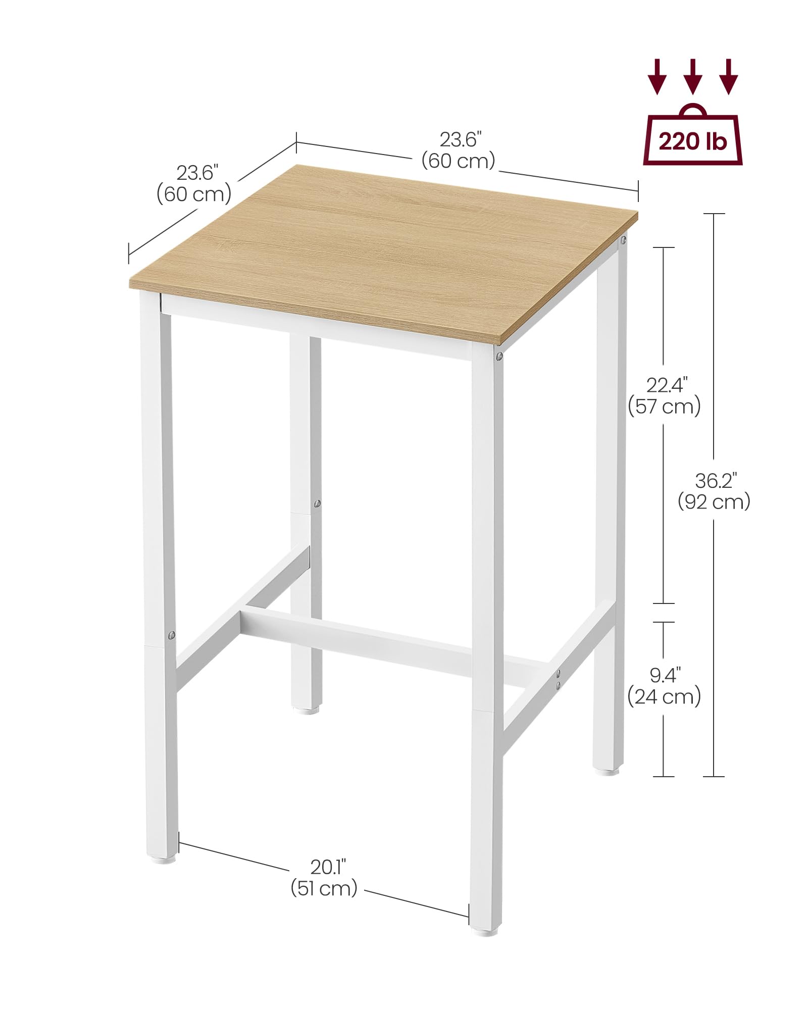 VASAGLE Bar Table, Small Kitchen Dining Table, High Top Pub Table, Height Cocktail Table for Living Room Party, Sturdy Metal Frame, 23.6 x 23.6 x 36.2 Inches for Narrow Spaces, Oak Beige and White