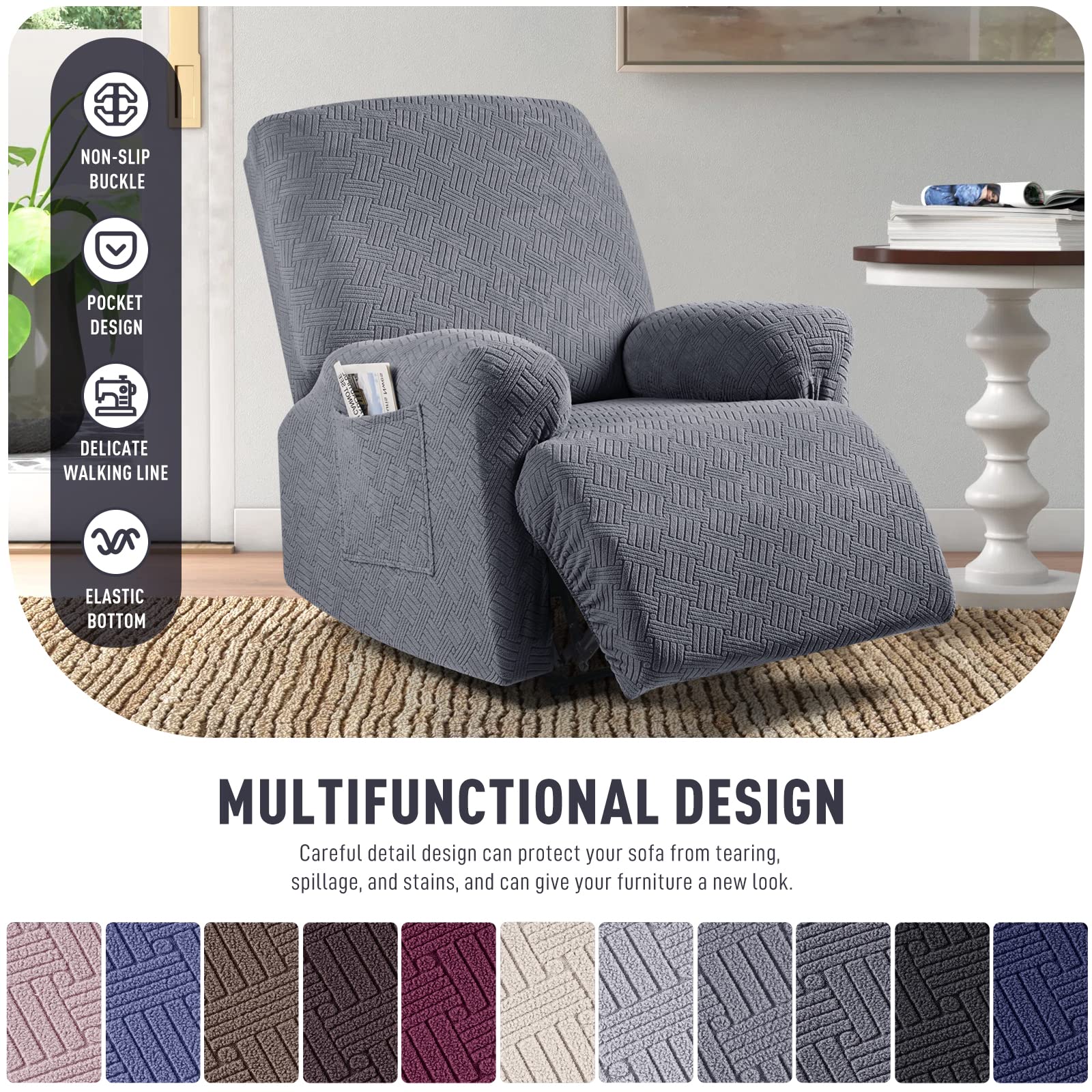 KinCam Recliner Covers, Stretch Reclining Chair Covers, Recliner Sofa Slipcovers Stripe Jacquard Recliner Couch Covers Furniture Protector Covers for Pet Kid (1 Seater, Dark Gray)