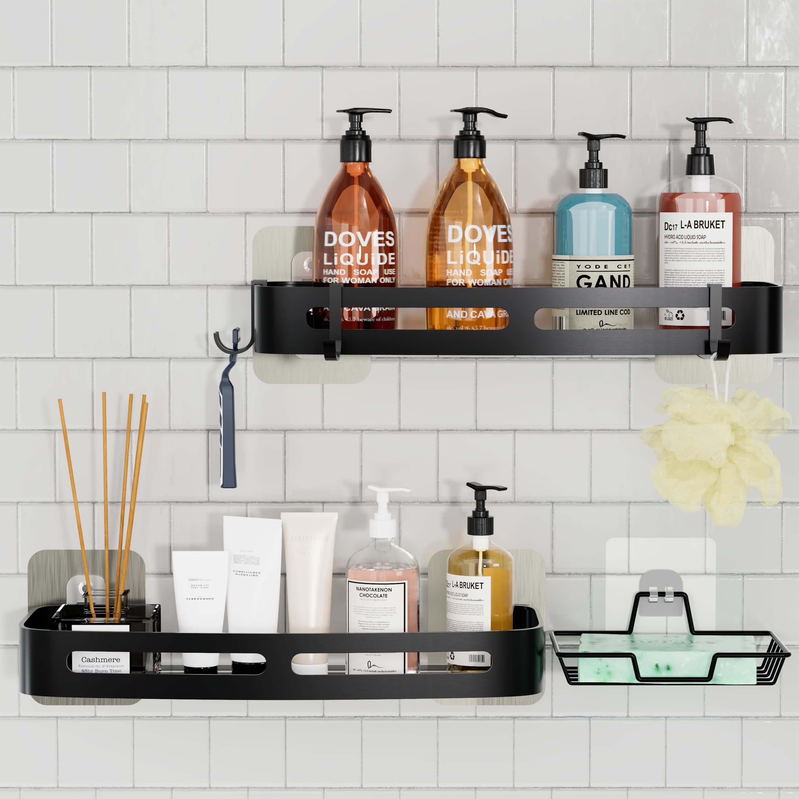 Fuprobys Shower Caddy 3 Pack - Large Shower Organizers & Soap Holder, Durable & Rustproof Shower Shelf, Wall Mounted Bathroom Shower Shelves, No Drilling Adhesive Shower Caddy with 4 Hooks, Black