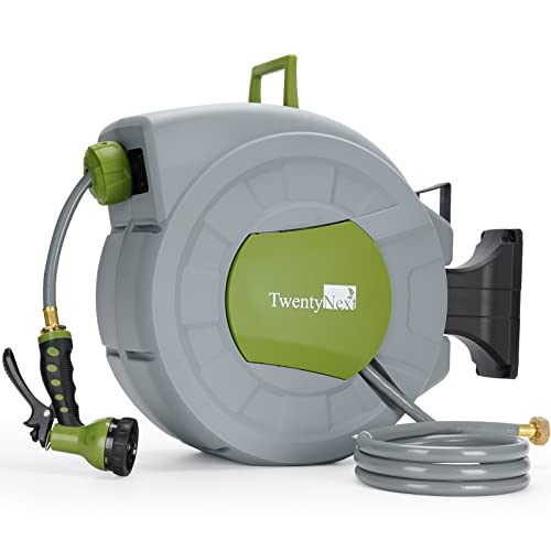 Automatic Hose Reel Retractable,Garden Hose Reel with Wall Mount,Water Hose Reels for Outside,1/2''x 92+6.5Ft Water Hose,9 Pattern Hose Nozzle,180° Swivel Bracket,Any Length Lock for Garden Hose Reel