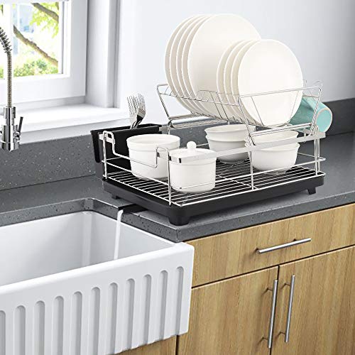 Dish Drying Rack, Small Dish Rack with Utensil Holder, Wine Glasses Holder, Compact Dish Drainer for Kitchen Counter Cabinet