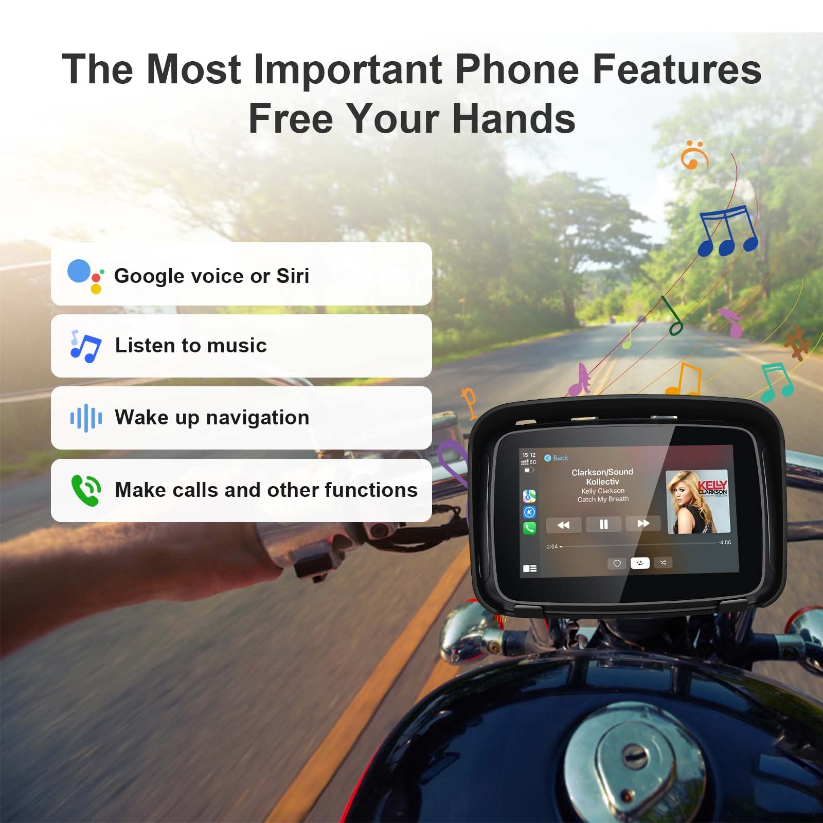 Tenbaba Carplay Screen for Motorcycle, Wireless Apple Car Play & Wireless Android Auto GPS Navigation for Motorcycle, 5" Waterproof Portable Apple Carplay/Android Auto, Support Siri/Google Assistant