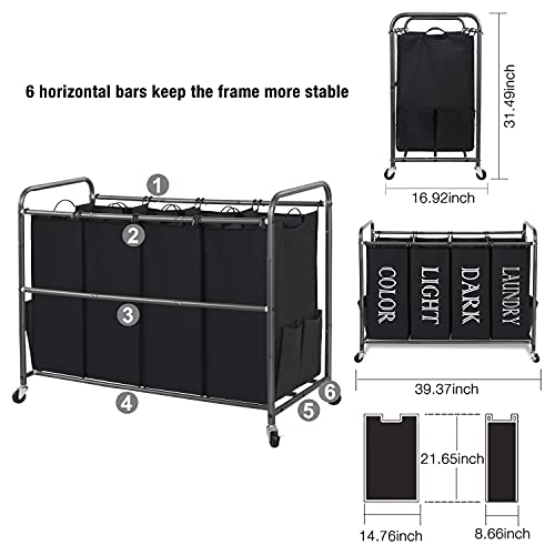 STORAGE MANIAC Laundry Sorter, Laundry Divider with Side Pockets, Multi Laundry Separator Hamper with Removable Bags and Rolling Lockable Wheels, Laundry Organizer Hamper, 4 Section Black