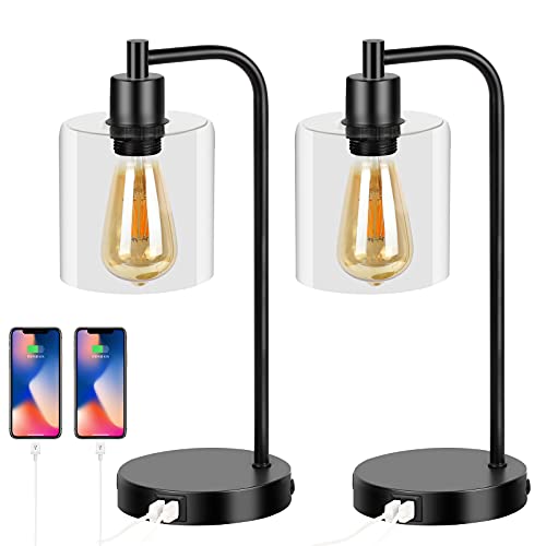 Industrial Touch Control Table Lamps Set of 2 with 2 USB Ports & AC Power Outlet, UL Listed 3-Way Dimmable Vintage Bedside Nightstand Reading Lamp with Glass Shade for Bedroom Living Room Office