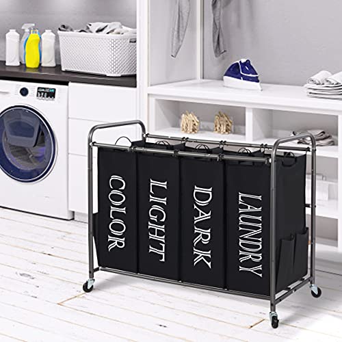 STORAGE MANIAC Laundry Sorter, Laundry Divider with Side Pockets, Multi Laundry Separator Hamper with Removable Bags and Rolling Lockable Wheels, Laundry Organizer Hamper, 4 Section Black