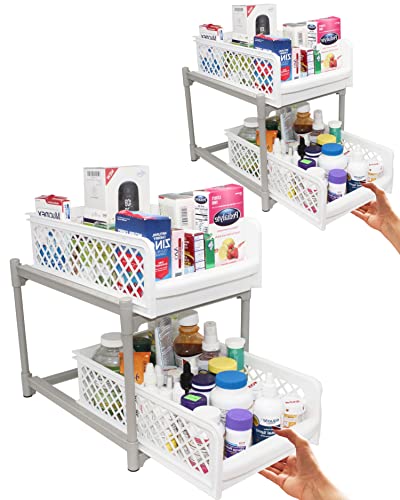 Skywin Plastic Sliding Organizers - 2 Tier Sliding Storage Bins - Pull out cabinet drawers for organizing pantry cabinets (White - 2 Pack)