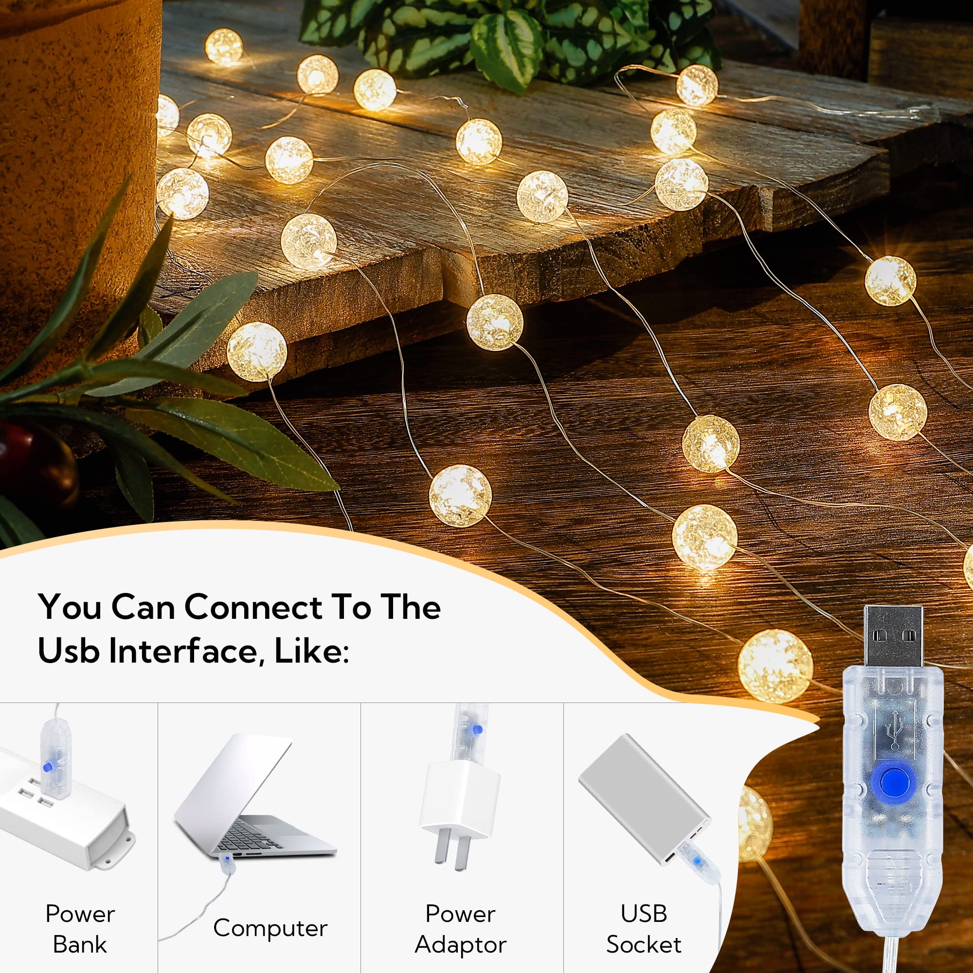 BEEWIN Globe String Lights,10FT 30 LED Decorative Christmas Lights,8 Modes Crystal Crackle Ball Lights,USB Twinkle Fairy Lights for Bedroom,Indoor,Outdoor,Classroom,Wedding,Party,Garden,Warm White