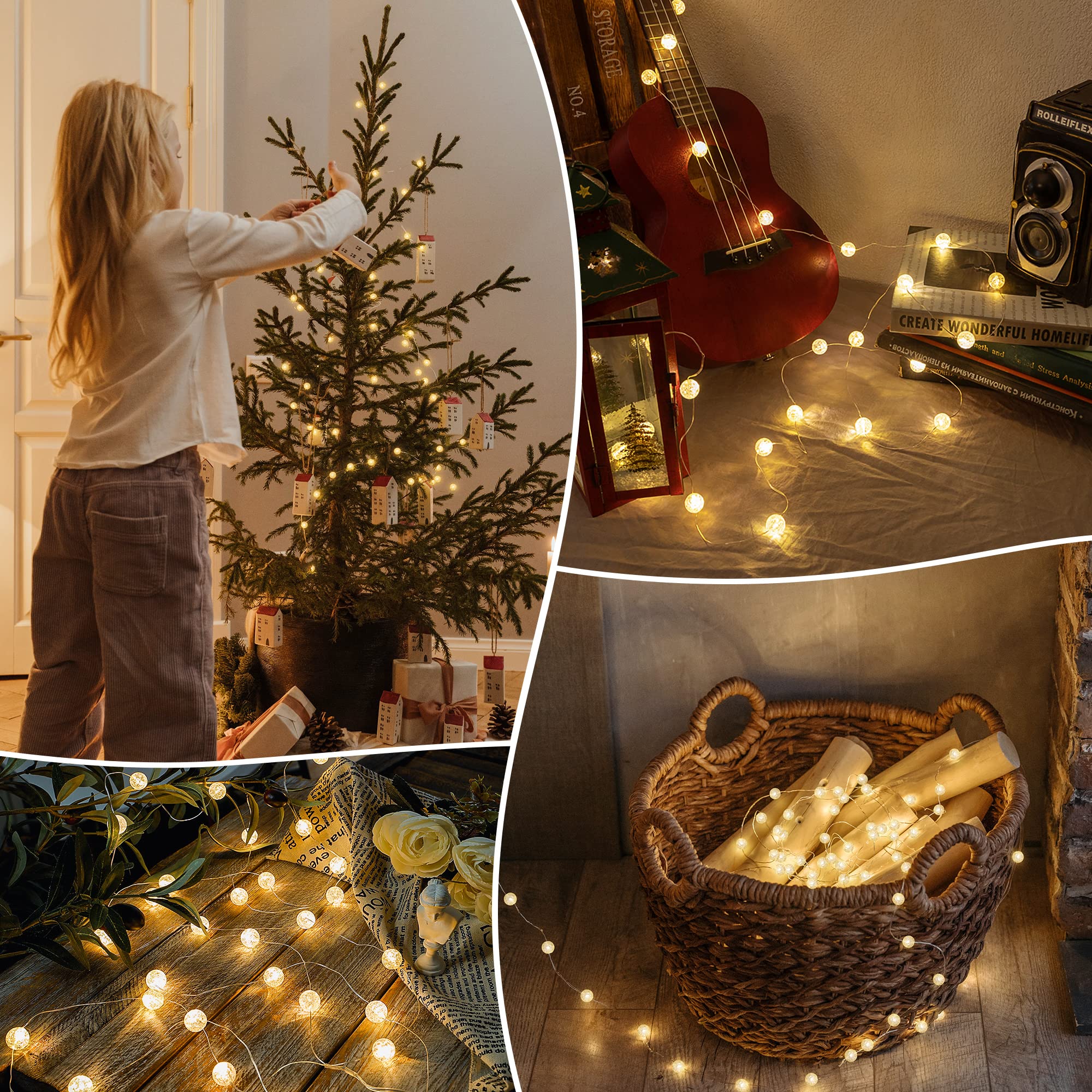 BEEWIN Globe String Lights,10FT 30 LED Decorative Christmas Lights,8 Modes Crystal Crackle Ball Lights,USB Twinkle Fairy Lights for Bedroom,Indoor,Outdoor,Classroom,Wedding,Party,Garden,Warm White