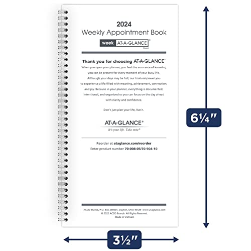 AT-A-GLANCE 2024 Weekly Appointment Book Planner Refill for 70-008, 3-1/4" x 6-1/4", Pocket Size (709041024)