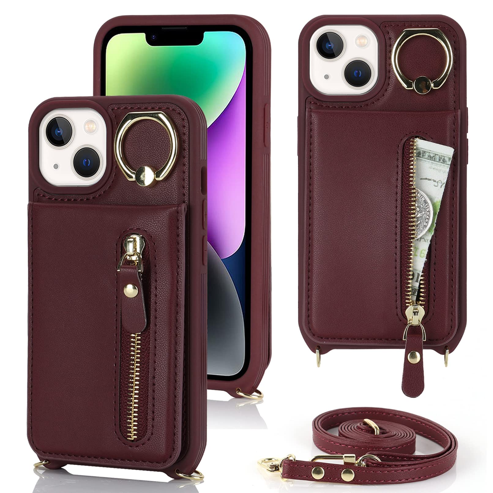 Jaorty Phone Case for iPhone 14 Plus with Strap,for iPhone 14 Plus Case Wallet with Card Holder for Women,Crossbody Lanyard Cases with Zipper Pocket Kickstand Ring Holder 6.7",White Leopard