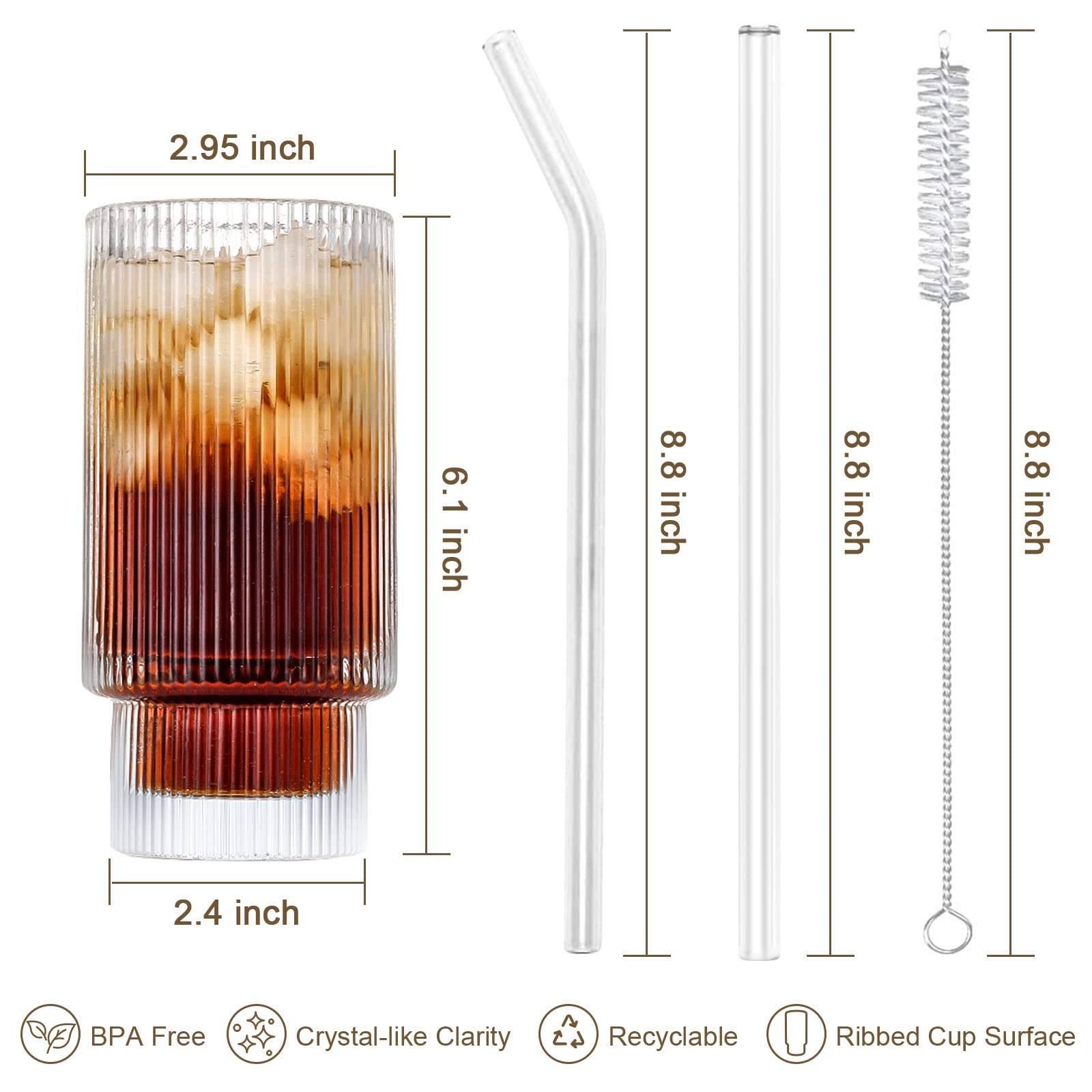 ASIZZED Ribbed Glassware with Straws Vintage Glass Cups 6pcs Set Reusable Wide Mouth Fluted Drinking Glasses 16oz Smoothie Cup Iced Coffee Cup with Clean Brushes for Beer Cocktail Bar Cart Accessories