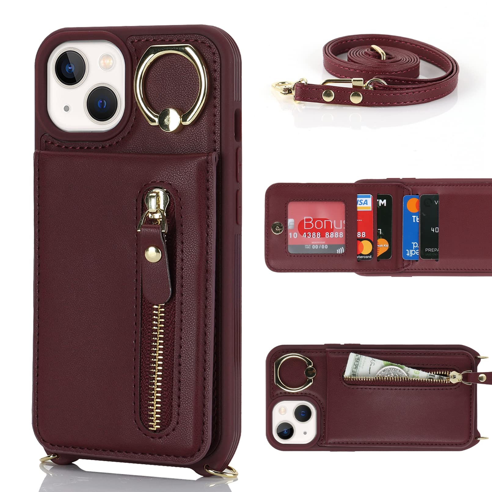 Jaorty Phone Case for iPhone 14 Plus with Strap,for iPhone 14 Plus Case Wallet with Card Holder for Women,Crossbody Lanyard Cases with Zipper Pocket Kickstand Ring Holder 6.7",White Leopard