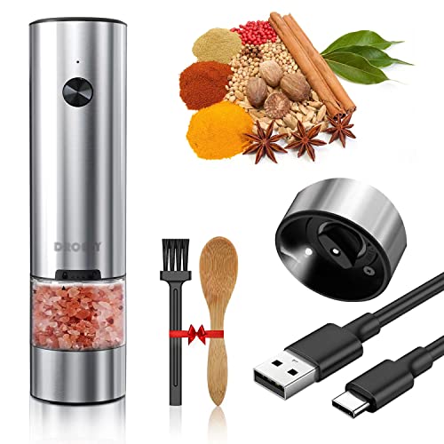 Electric Salt and Pepper Grinder,Black Pepper Grinder Refillable Sea Salt Grinder with LED Light Adjustable Coarseness Pepper MillsUSB Rechargeable One Hand Gravity Salt Grinder