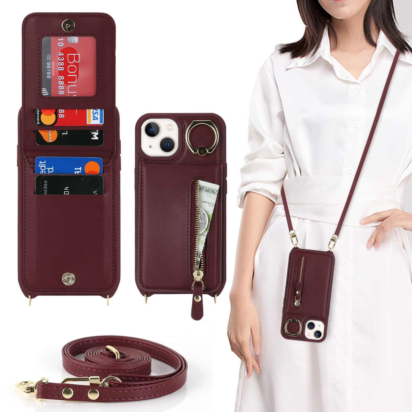 Jaorty Phone Case for iPhone 14 Plus with Strap,for iPhone 14 Plus Case Wallet with Card Holder for Women,Crossbody Lanyard Cases with Zipper Pocket Kickstand Ring Holder 6.7",White Leopard