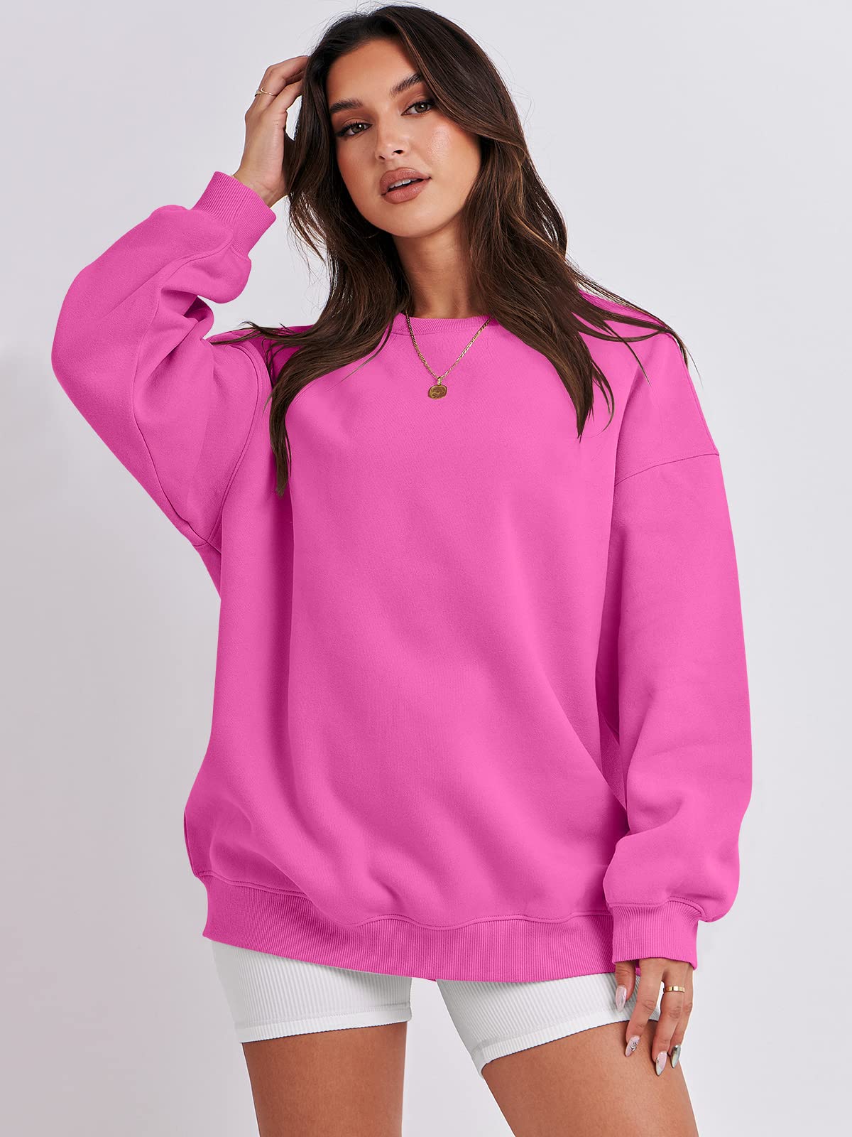 ANRABESS Sweatshirt for Women Oversized Crewneck Hoodies Fleece Casual Pullover Top Fall Fashion Outfits Clothes 2025 A1019 hot pink Medium