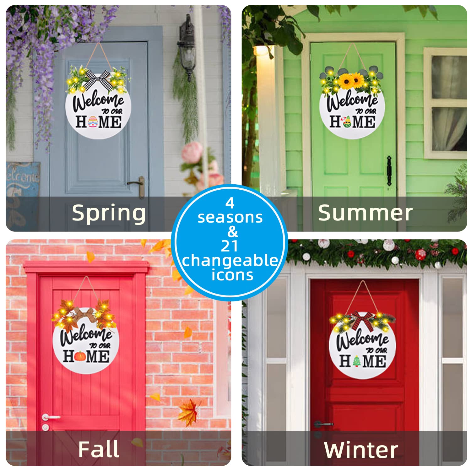 Interchangeable Welcome Home Sign, Front Door Decor with 4 Seasonal Wreaths and 21 Changeable Icons, Rustic Wood Wall Porch Hanger for Holiday Halloween Christmas Housewarming Gift (White)