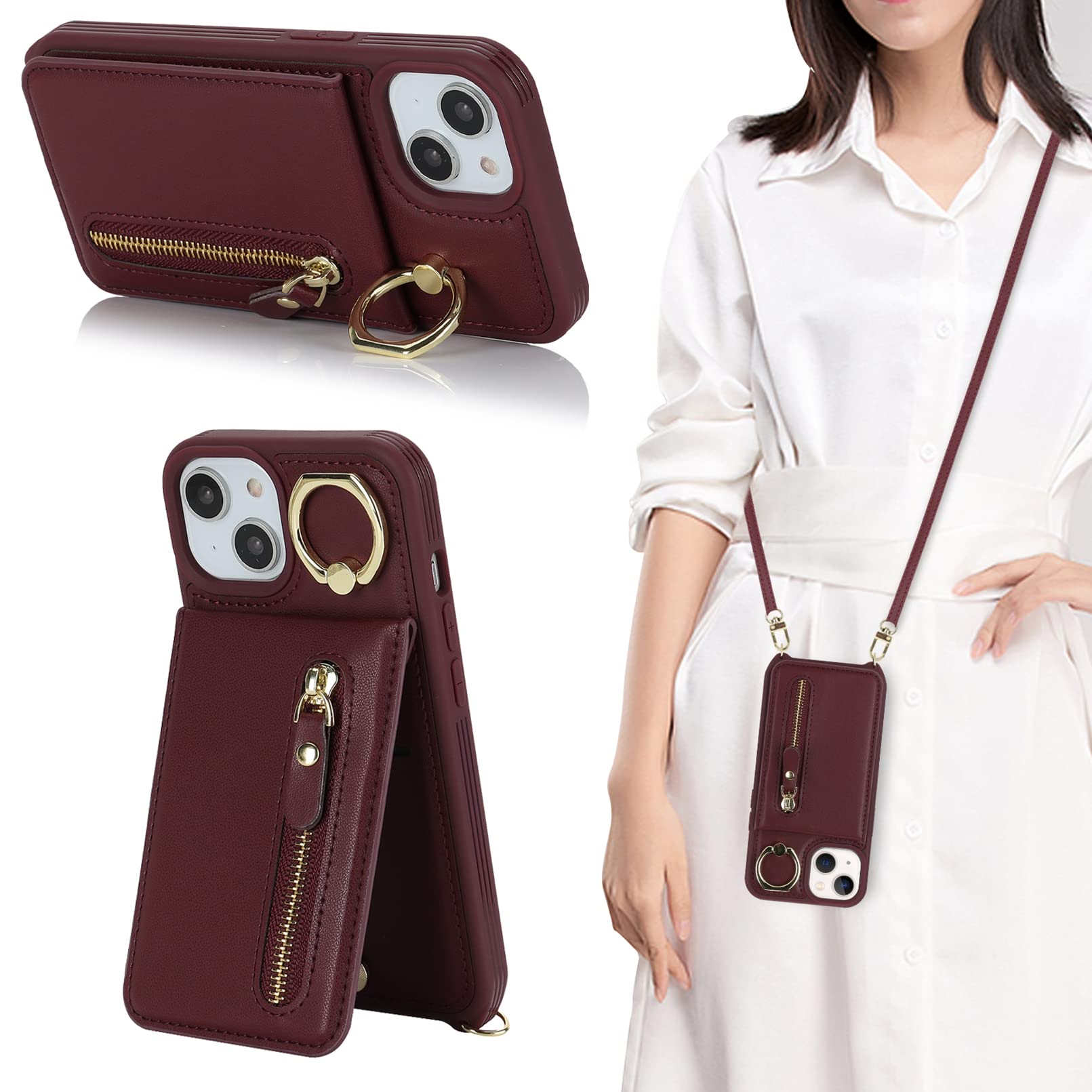 Jaorty Phone Case for iPhone 14 Plus with Strap,for iPhone 14 Plus Case Wallet with Card Holder for Women,Crossbody Lanyard Cases with Zipper Pocket Kickstand Ring Holder 6.7",White Leopard