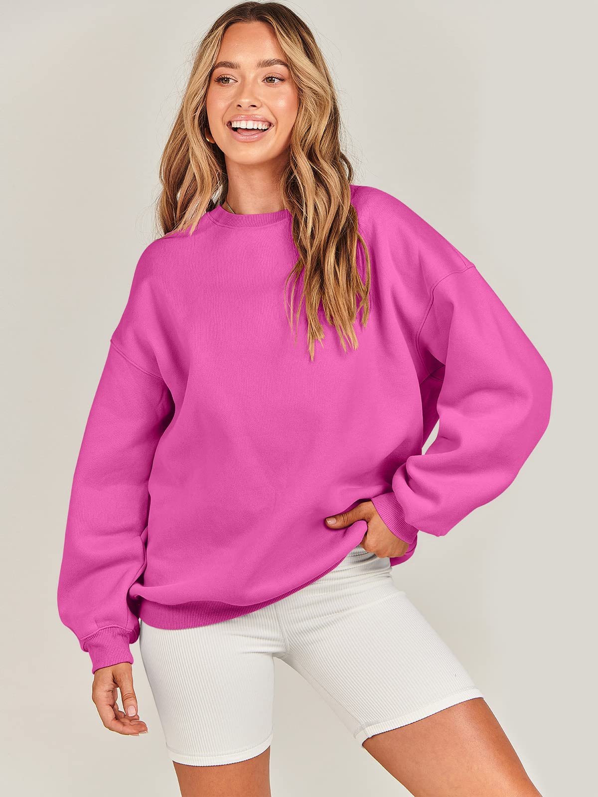ANRABESS Sweatshirt for Women Oversized Crewneck Hoodies Fleece Casual Pullover Top Fall Fashion Outfits Clothes 2025 A1019 hot pink Medium