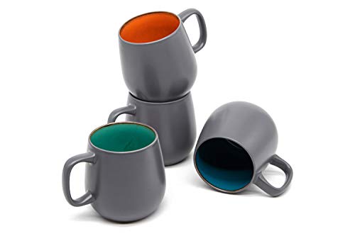 Kook Multicolor Deco Large Ceramic Coffee Mugs, Ceramic, Microwave & Dishwasher Safe, 21 oz, Semi-Matte, Grey, Set of 4