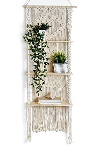 KALTEK Macrame Wall Hanging Shelf - 3 Tier Wall Shelves with Handmade Woven Macrame Rope - Boho Shelves Organizer Hanger for Kitchen, Bathroom, Home Storage, Floating Indoor Plant Wall Shelf