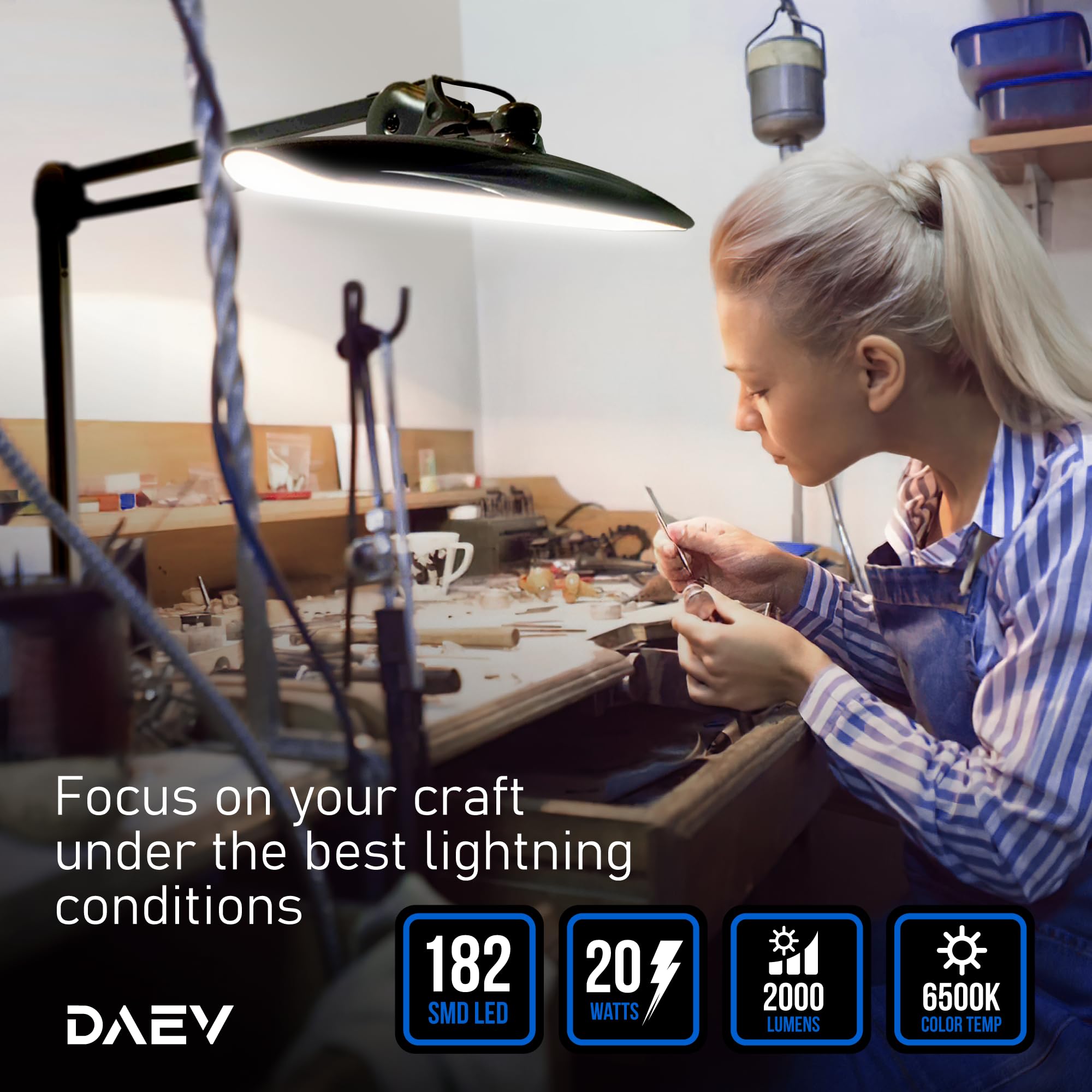 LED Desk Lamp with Clamp - DAEV – 2,200 Lumen 20" CCT Swing Arm Desk Light- 182 LEDs Adjustable from 300K to 6500K – Task, and Work Lamp for Nail Techs, Hobbyists, Artists, and Crafters, Black
