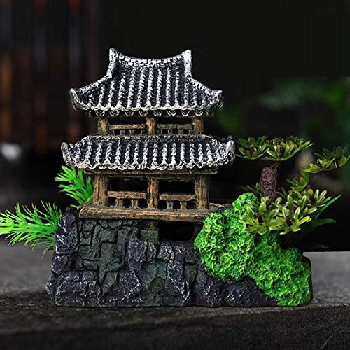 Classical Temple Aquarium Decorations Asian Castle Thematic Safe Resin Ornaments with Plastic Plants Small Fish House Hideout Decor Hiding Places for Freshwater and Saltwater Fish Tank Accessories