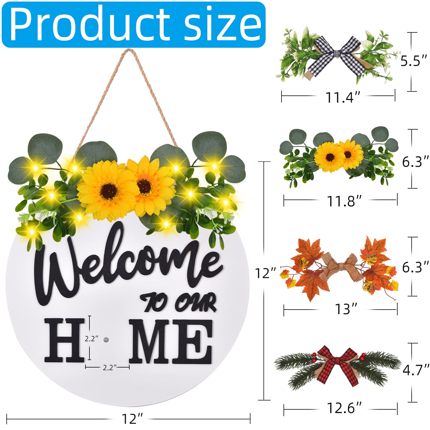 Interchangeable Welcome Home Sign, Front Door Decor with 4 Seasonal Wreaths and 21 Changeable Icons, Rustic Wood Wall Porch Hanger for Holiday Halloween Christmas Housewarming Gift (White)
