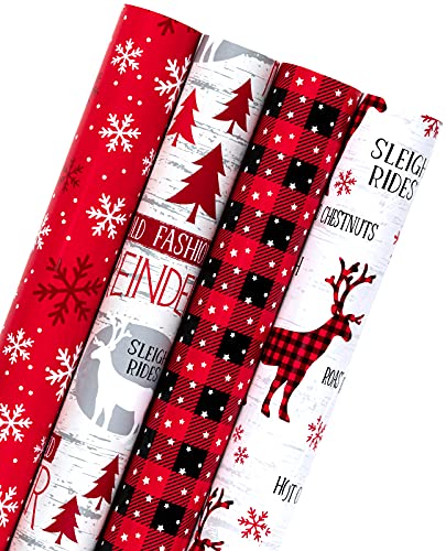 WRAPAHOLIC Christmas Wrapping Paper Roll - Rustic Holiday Woodland Scenes - Snowflake, Plaid, Reindeer - 4 Rolls - 30 Inch X 120 Inch Per Roll