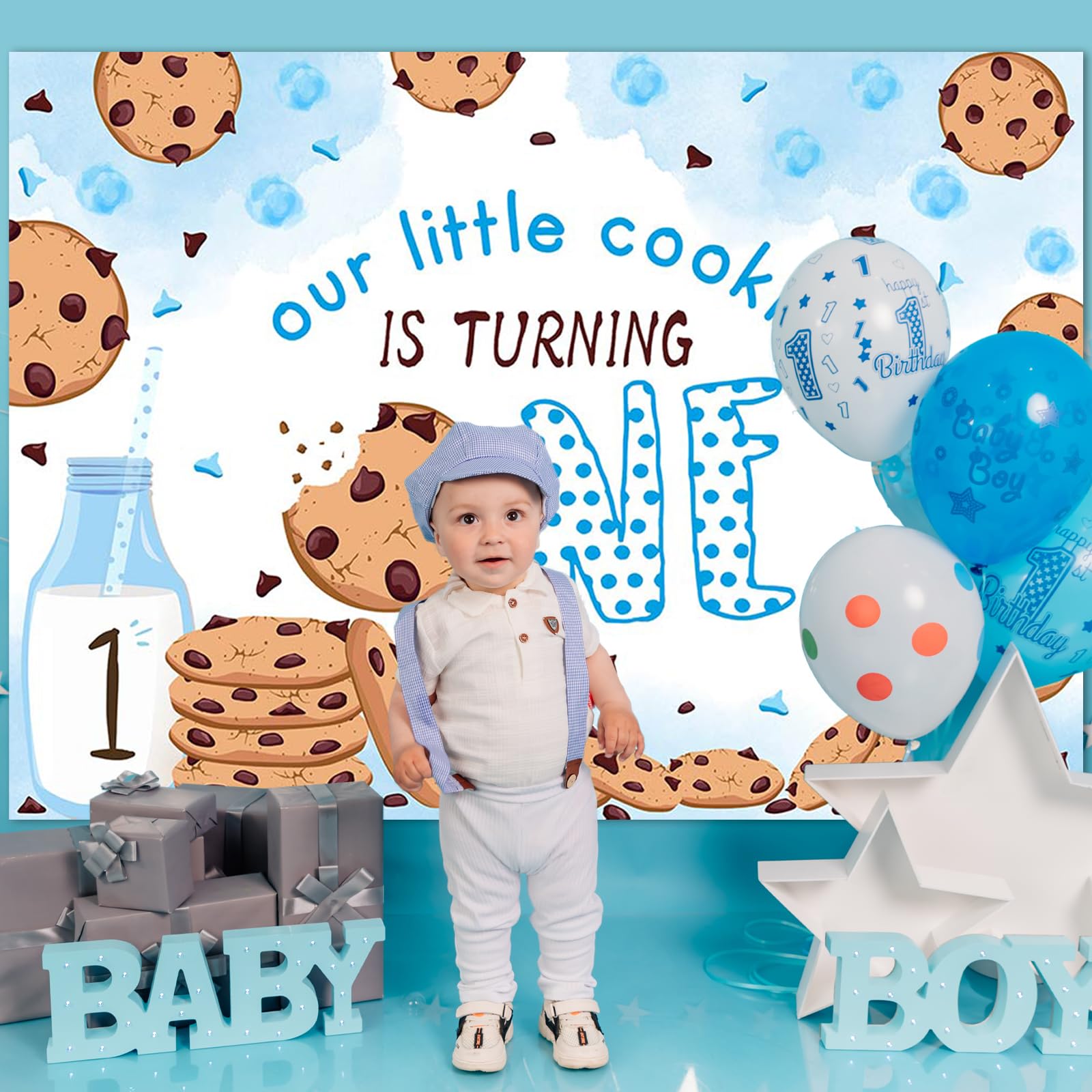 Mocsicka Cookie First Birthday Party Backdrop Cookies and Milk 1st Birthday Background Boys First Birthday Party Decorations Banner Photo Studio Props (7x5ft)