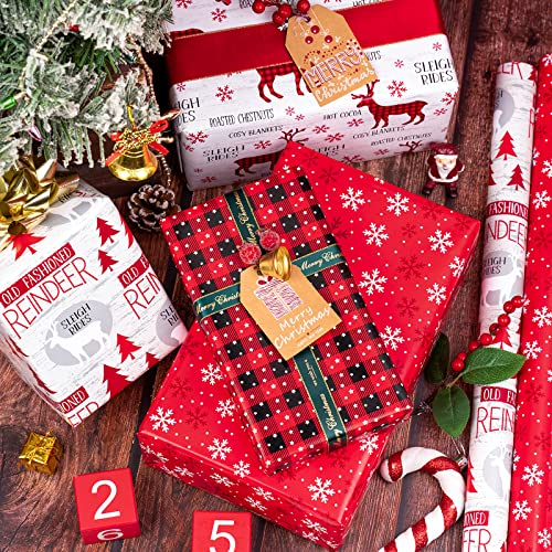 WRAPAHOLIC Christmas Wrapping Paper Roll - Rustic Holiday Woodland Scenes - Snowflake, Plaid, Reindeer - 4 Rolls - 30 Inch X 120 Inch Per Roll